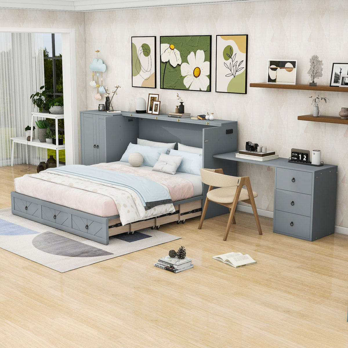 Longshore Tides Briza Queen Three Drawers Murphy Bed with USB Port,Wardrobe and Desk | Wayfair